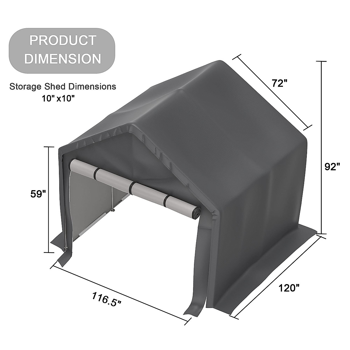 WEASHUME 10x10 ft Outdoor Storage Shelter Portable Garage Storage Shed with Steel Metal Frame, Detachable Roll-up Zipper Door and Waterproof Cover, Storage Carport Tent,Dark Grey