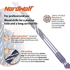NordWolf 12-Piece Brad Point Wood Drill Bit Set for Carpenter Woodworking, Double Flutes Design with 1/4" Hex Shank, SAE Sizes 1/8" to 1/2"