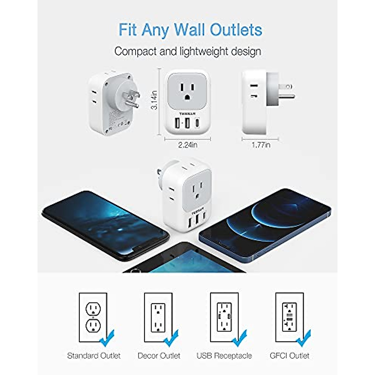 USB C Fast Charger, 20W PD USB Plug Adapter, TESSAN 3 USB Wall Charger Multiports (1 USB C Port), Cube Charging Station for Cruise, Home, Office, Dorm Essentials