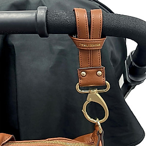 TWELVElittle Stroller Clips 2.0 Non Slip, Vegan Leather, Diaper Bag Straps, Toffee