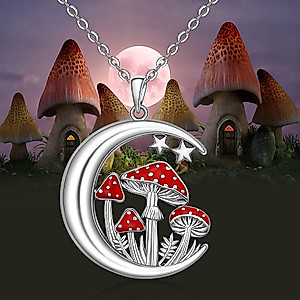 Fenthring Sterling Silver Mushroom Necklace Magical Red Mushroom Pendant Moon and Star Moon Necklaces for Women Mushrooms Gifts