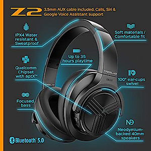 TREBLAB Z2 - Ultra Premium Over Ear Wireless Headphones - High-End Bluetooth 5.0 Stereo aptX, Active Noise Cancelling ANC Microphone, 35H Battery, Sports Gym Workout Travel Auriculares (Renewed)