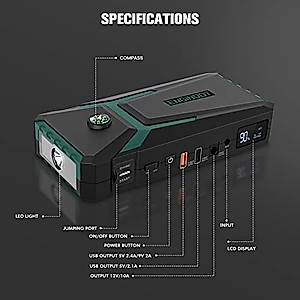 ENGINDOT Jump Starter for Up to 7.0L Gas or 5.5L Diesel Engine, 800A Peak 18000mAh 12V Auto Battery Booster with LCD Screen, Portable Power Bank with USB Quick Charge T8 Green