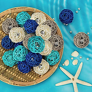 DomeStar Rattan Ball with Jingle Bell, 24PCS Wicker Ring Balls 2 Inches Natural Decorative Wicker Rattan Balls Orbs Vase Fillers Blue, White, Grey and Cerulean