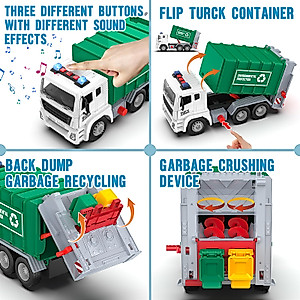 Moritakk 15.5" Large Garbage Truck Toys for 3 4 5 6 7 8 Year Old Boys,Back Dump Garbage Recycling Garbage Truck Toy with 4 Rear Loader Trash Cans,Christmas Birthday Sound Gift for Kids 3+