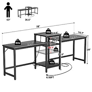 Unikito 2 Person Home Office Desk with USB Charging Port and Power Outlet, Modern Double Desk, Large Computer Desk Workstation with Storage Shelves, Long Desk, Gaming Desk, Writing Study Desk, Black