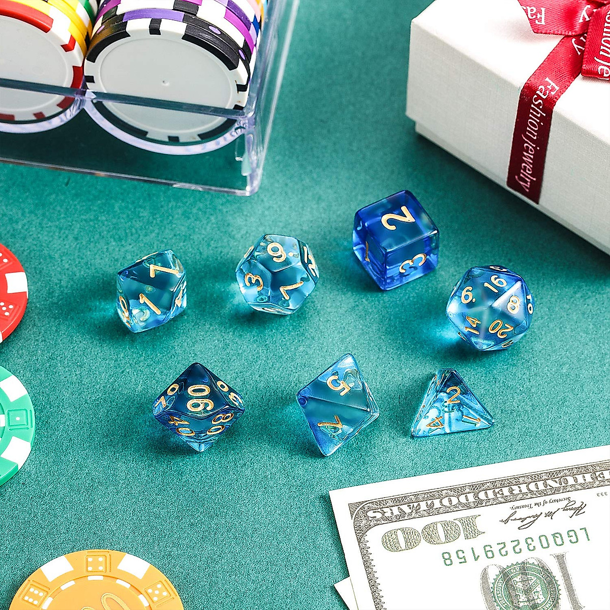 EBOOT 7-Die Polyhedral Dice Compatible with DND Dice Set Dungeons and Dragons with Black Pouch (Transparent Blue)