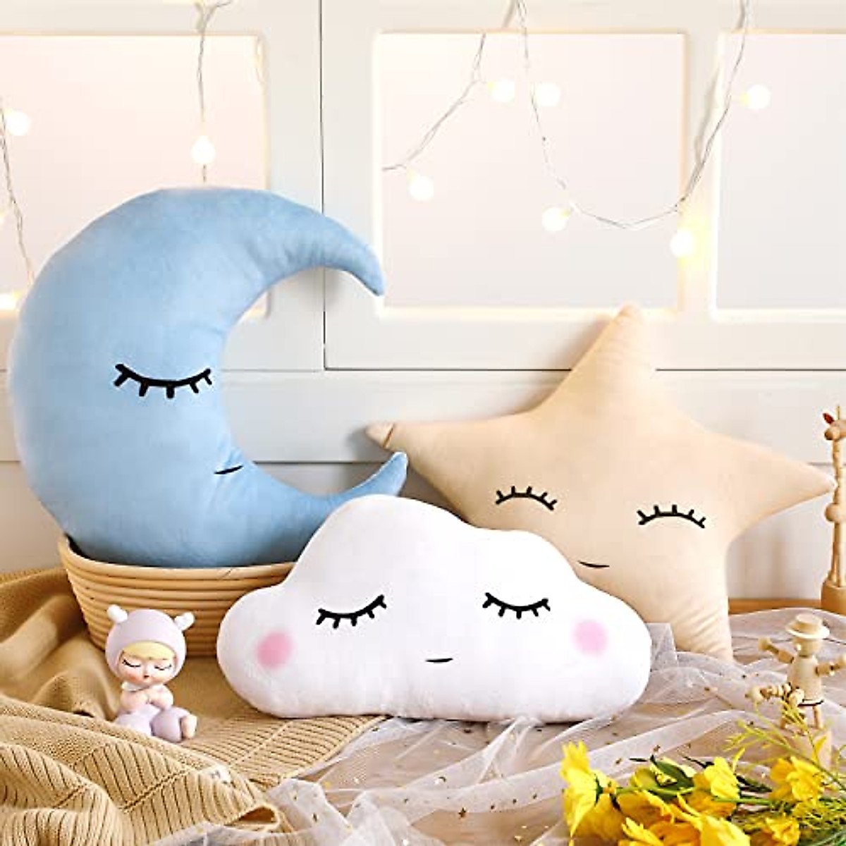 3 Pcs Children Moon Star Cloud Cushion Soft Plush Cloud Shaped Pillow Stuffed Stars and Moon Nursery Decor Home Decor for Bedroom Crib Party Supplies