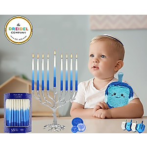The Dreidel Company Deluxe Tapered Hanukkah Menorah Tri Color Blue, Blue, and White, Candles for All 8 Nights of Chanukah (Single)