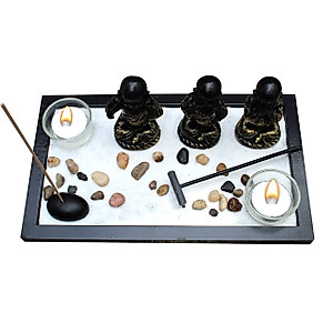 Zen Garden Meditation Garden 3 Buddha See, Speak, Hear No Evil Statues, Incense Holder, Incense, 2 Tea Light Holders, Rocks, Sand, Rake (Candles Not Included)