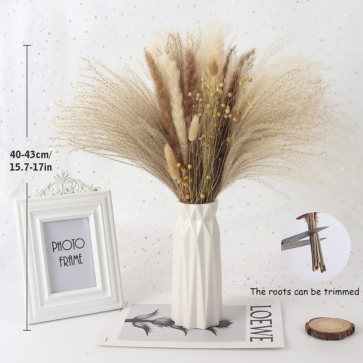 JFNDUIFEI 65 pcs Pampas Grass Decor Tall,Natural Dried Pampas Grass Fluffy for Flower Arrangements Home Decor,17inch Pampas Grass Plants for Home Garden Party Wedding Decor