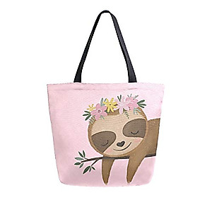 ALAZA Large Canvas Tote Bag Cute Sloth Flower Pink Shopping Shoulder Handbag with Small Zippered Pocket