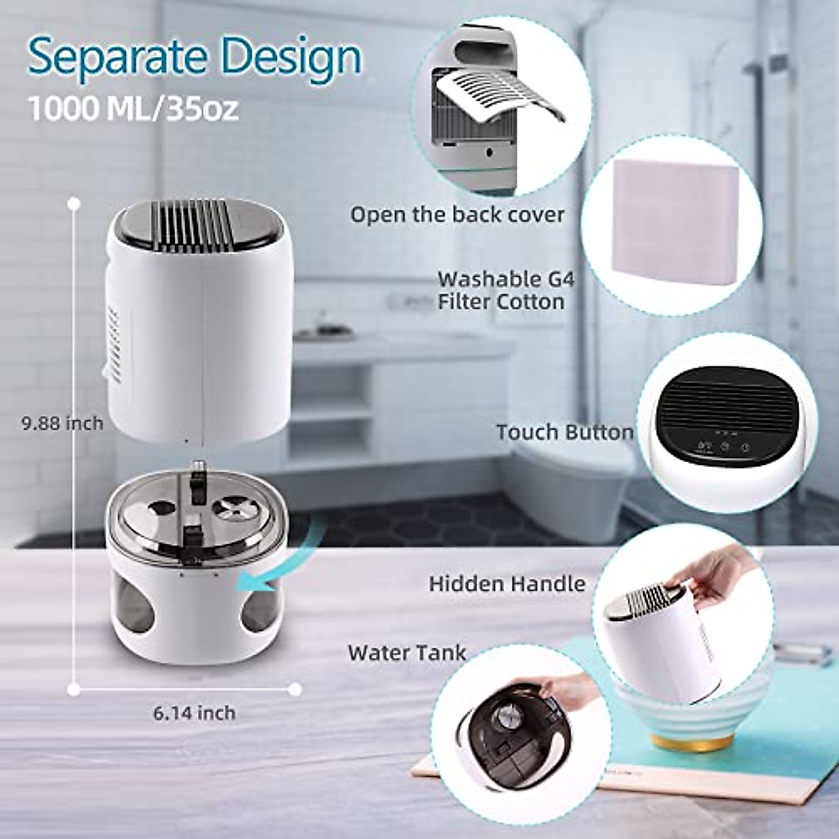 Hoomace Small Dehumidifiers for Bedroom w/Air Purifying Function, 1000ml/35oz for 2500 Cubic Feet (260 sq ft) with 7 Colorful LED Lights - Timer Set - Negative Ions - Below 30dB, Auto Shut-Down