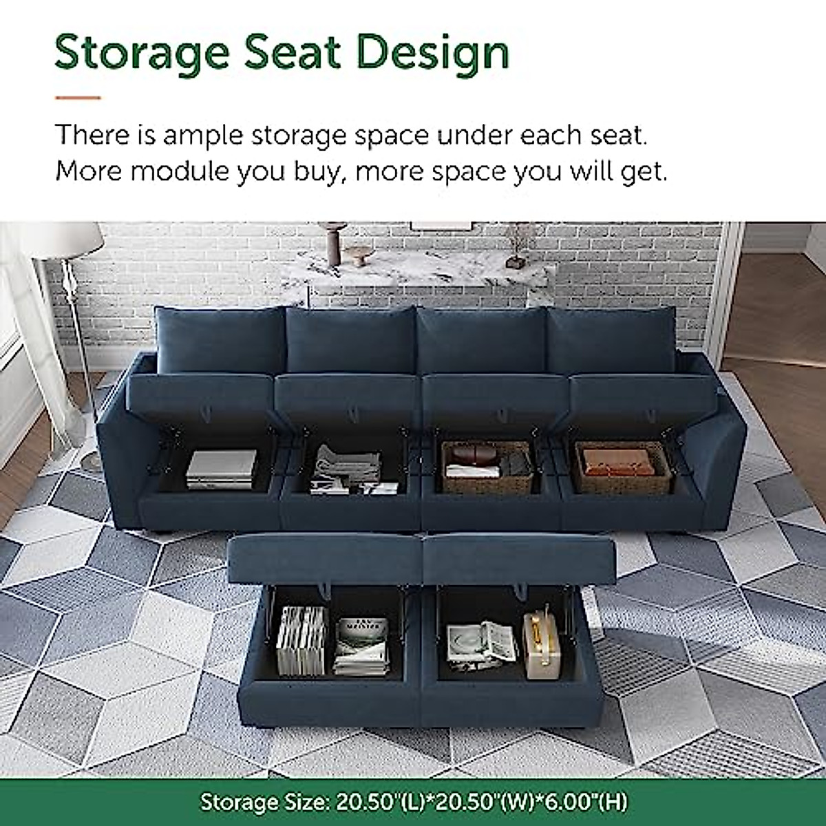 HONBAY Modular Sectional Sofa Convertible U Shaped Couch with Reversible Chaise Velvet Modular Sofa Sectional Couch with Storage Ottoman, Dark Blue