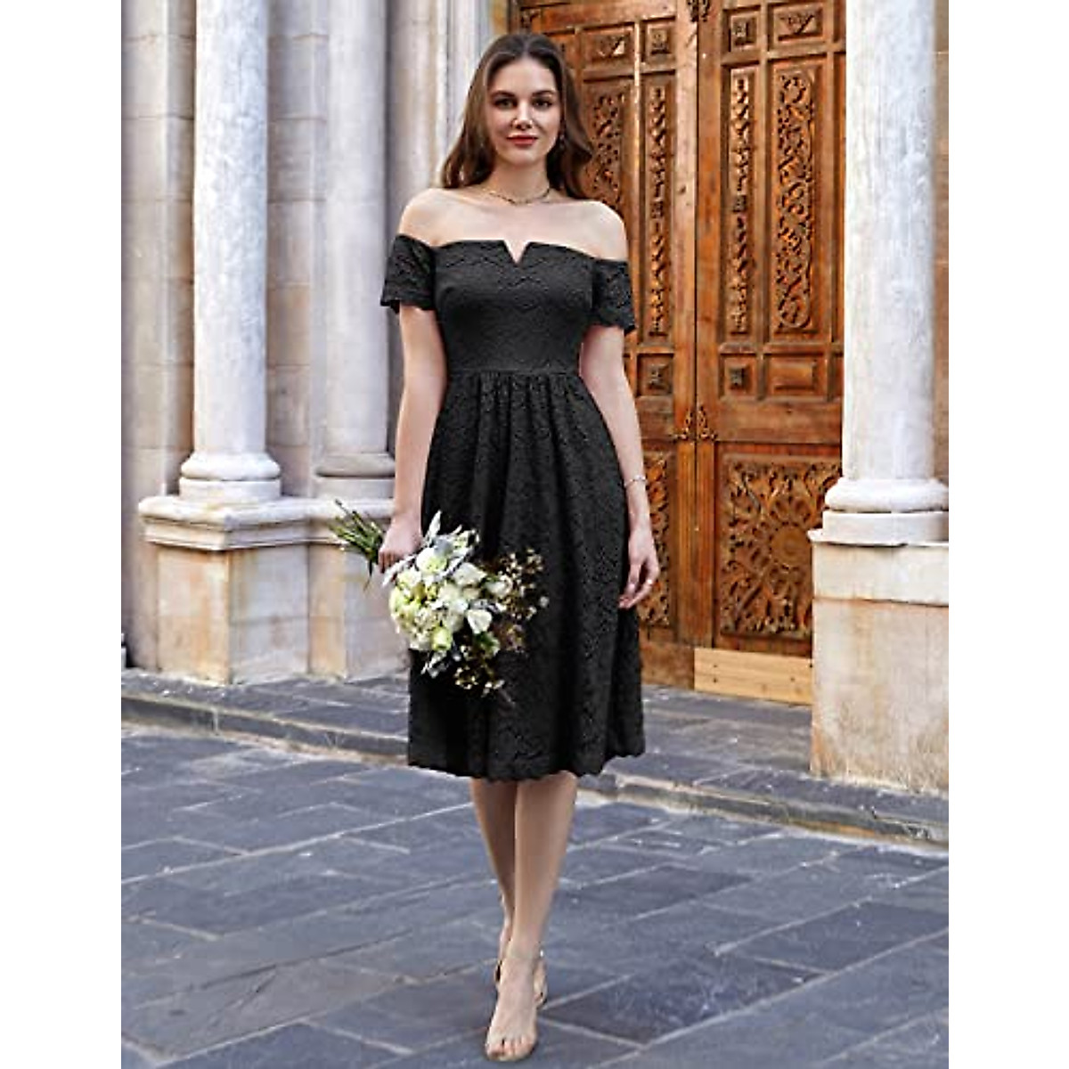 Women's Wedding Dress Short Sleeve Lace Dress Bridal Shower A Line Bridsmaid Party Dresses Black M