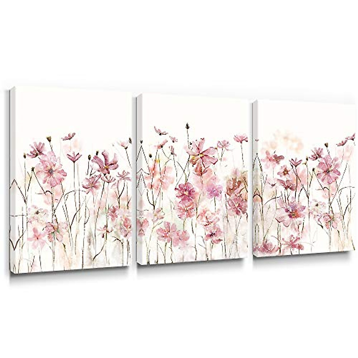 SUMGAR Pink Flower Wall Art Bedroom 3 Piece Romantic Floral Wildflower Plants Nature Scenery Canvas Prints Contemporary Red Bloom Pictures for Teen Girl Room Living Room Bathroom, 12 x 16 inch
