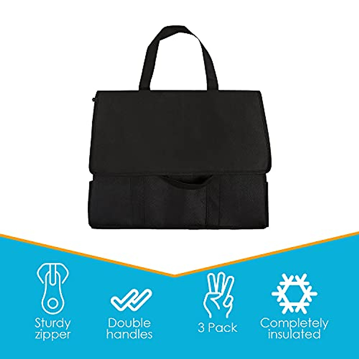 Houseables Insulated Bags, Reusable Groceries Tote, Thermal Shopping Bag, 3 Pack, Black, 16" x 13" x 9", Extra Large (XL), Refrigerated Grocery Delivery, Hot, Cold, Frozen Foods Cooler, With Zipper