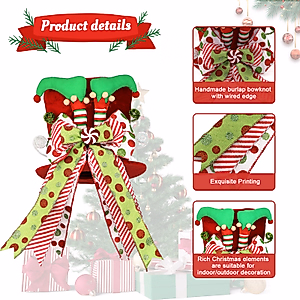 Montekin Christmas Tree Topper Hat with Bow, Red Velvet Top Hat Ornament with Elf Legs and Red & Green Polka Dot Bow, Winter Holidays Xmas Decor for Home Decoration