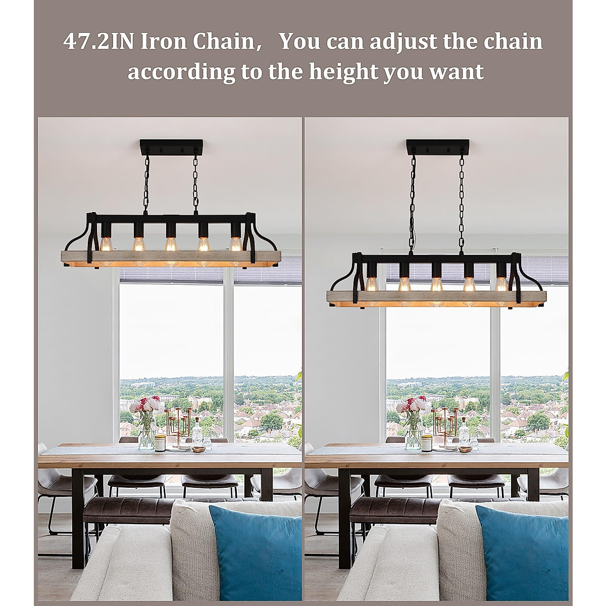 MEIXISUE Chandeliers for Dining Room Kitchen Island Lighting Fixtures Farmhouse Industrial 5-Lights Linear White Birch and Black Metal Finish Chandelier for Living Room UL Listed