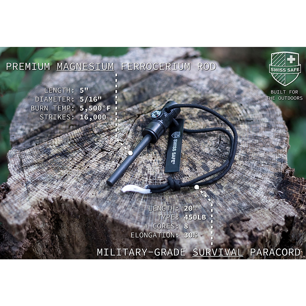 Swiss Safe 5-in-1 Magnesium Ferro Rod Fire Starter Survival Tool - Flint & Steel Striker, Compass, Paracord & Whistle - Emergency Kit for Backpacking, Camping, Hiking - All-Weather - Jungle, 2-Pack