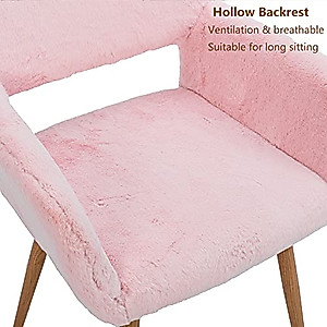 Faux Fur Chair for Bedroom Mid Century Modern Desk Living Room Chairs with Armrest, Sherpa Accent Dining Chair, Comfy Armchair with Metal Legs, Home Girls Vanity Makeup Study Office Desk Chair (Pink)