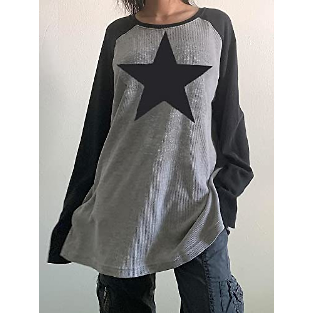 Pooyikoi Y2K Pullover T-Shirts Women Contrast Patchwork Grunge Harajuku Clothes Full Sleeve Preppy Long Sweats Tops (Style1,M,Medium)