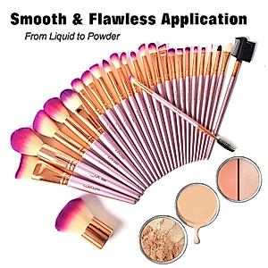 JAF 26pcs Makeup Brush Set Professional Kabuki Full Face Contour Brush Set Pink Complete Vegan Brush Kit, Soft Make Pretty Cute Rose Gold Cosmetic brush Purple