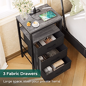 Huuger Nightstand with Charging Station, 27.6 Inch Side Table with Fabric Drawers, End Table Bedside Table with USB Ports and Outlets, Night Stand for Bedroom, Charcoal Gray