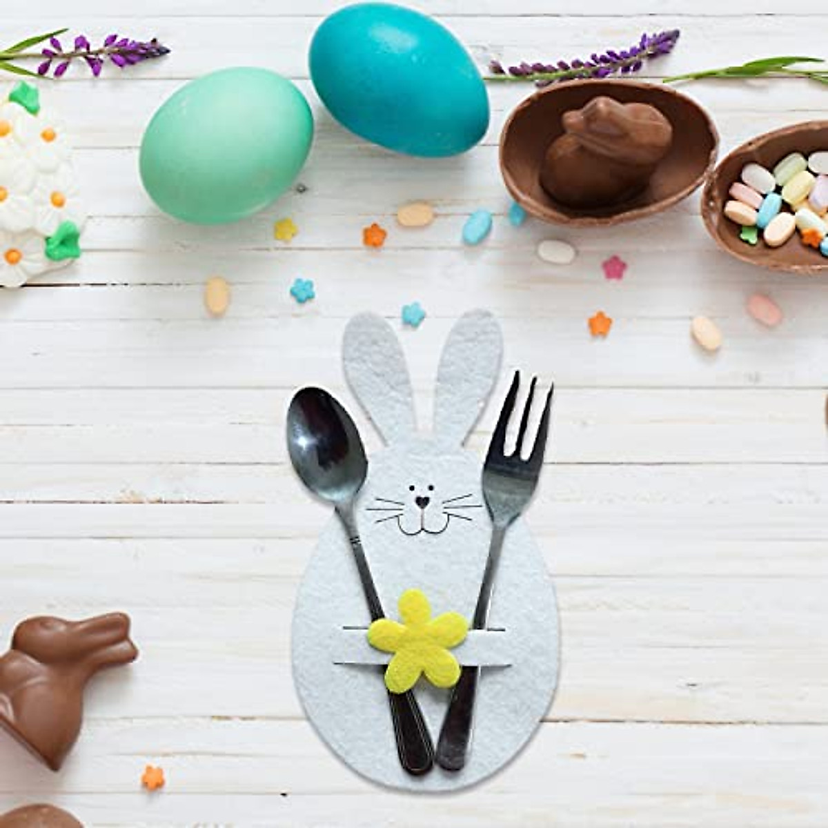 Easter Head Cutlery Head Colors Fork Bag Bunny 4 Rabbit Three Sets Set Sticky And Flower Tableware Dining Room Table Setting