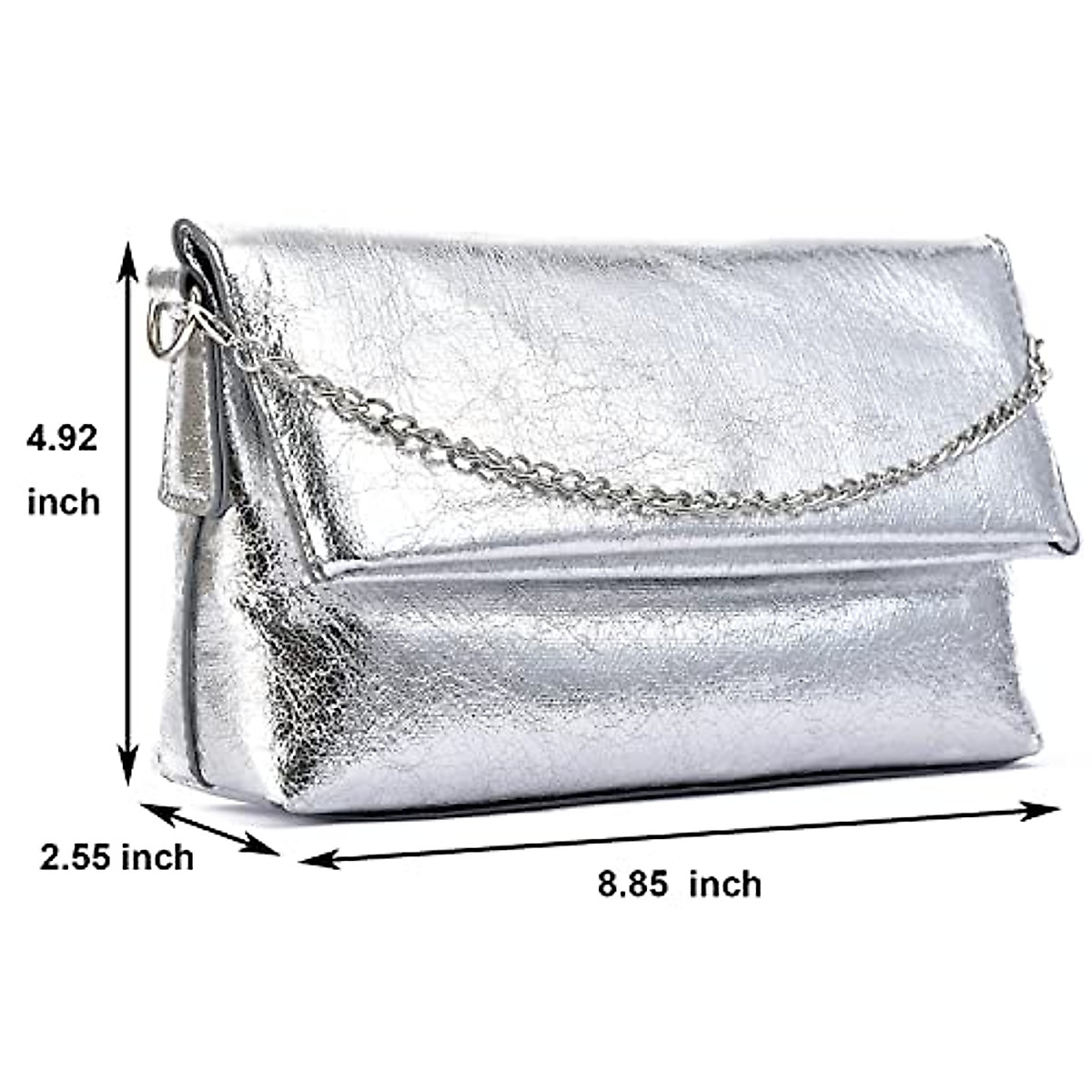 WOO Foldover Evening Clutch Bag Soft Metallic PU Shoulder Crossbody Tote Bag for Different Parties Mini Pouch, Silver