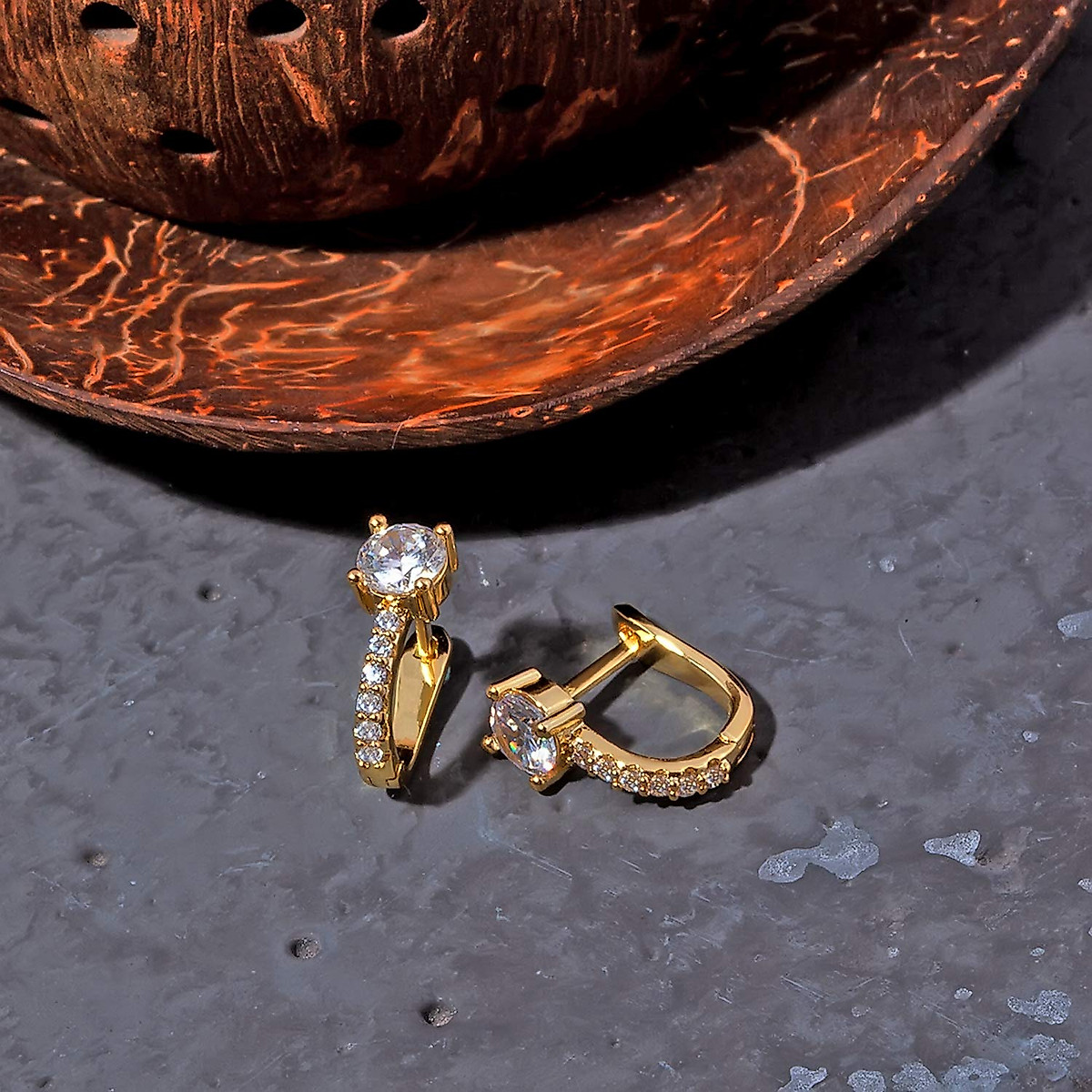 PAVOI 14K Yellow Gold Plated Post Cubic Zirconia Cuff Earring Huggie Stud with Main Stone