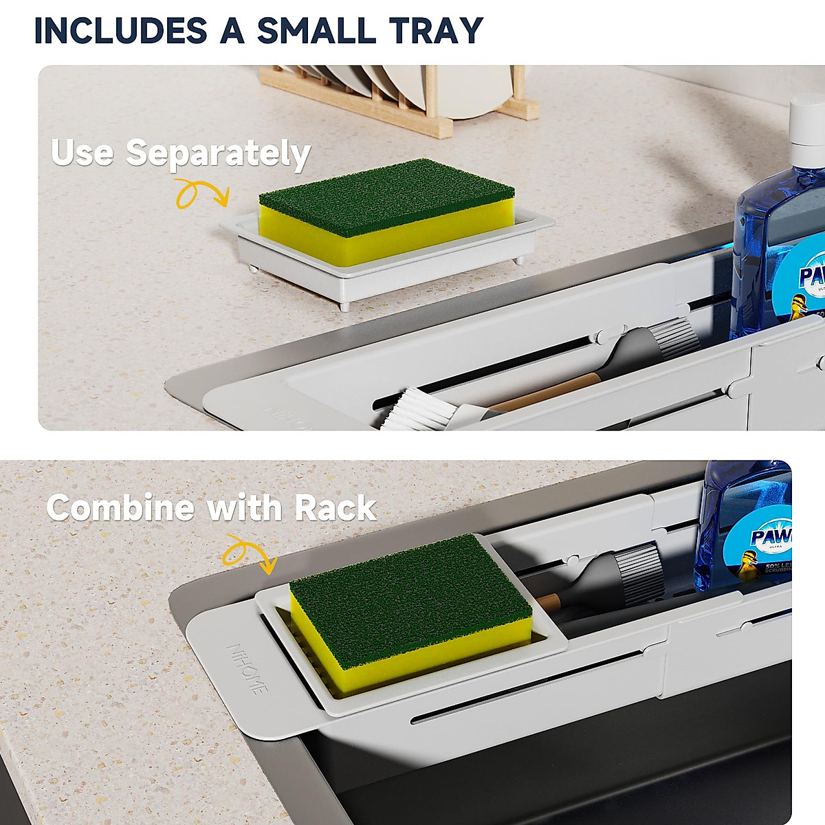 NiHome Extendable Over Sink Kitchen Organizer, Telescopic Sink Storage Rack for Sponge, Non-Slip Pads Expandable Sink Caddy, Adjustable Sponge/Brush Rack with Drainage Durable ABS Material (Grey)