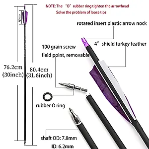 ZSHJGJR 30 Inch Archery Carbon Arrows Hunting Arrows with 4” Turkey Feather Target Practice Arrows Spine 500 for Compound & Recurve &Traditional Bow 6/12pcs (12 x purple arrows)