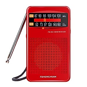 FUHONGYUAN AM FM Pocket Radio, Compact Portable Transistor Radios - Best Reception, Loud Speaker, Earphone Jack, Long Lasting, 2 AA Battery Operated (Red)