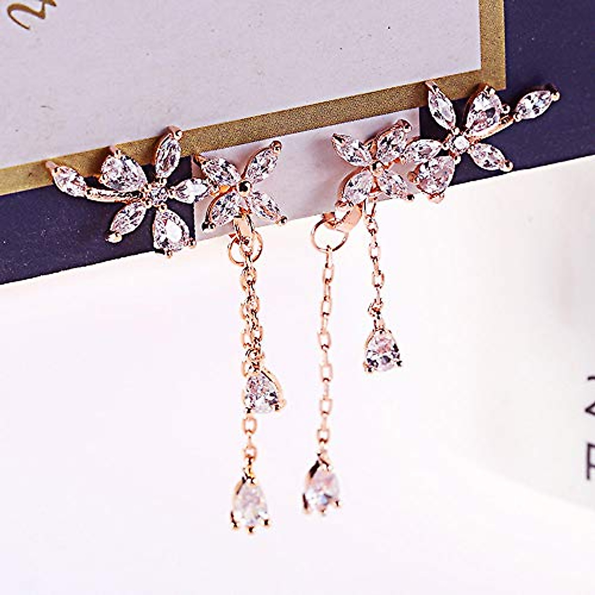 Clip on Earrings non Pierced Fringe Dangle Tassel Drop Cubic Zirconia Flower Women Rose Gold