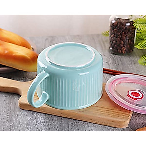 WHJY 30oz Ceramic Bowl with Lid and Handle for Soup and Instant Noodles Soup Mug, Modern Simple Style, with Heat Preservation Handle - Blue