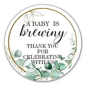 50 Greenery A Baby is Brewing Stickers - Gender Neutral Baby Shower Favor Stickers for Invitations, Candles, Popcorn, Water Bottles - 2 Inches.