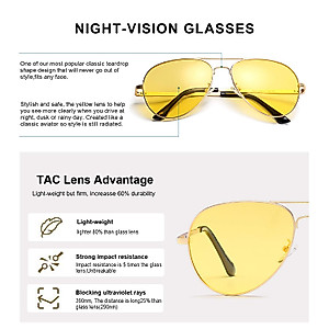 SODQW Aviator Night-Driving Glasses, Night-vision Goggles Anti Glare Polarized Yellow Lens, Fashion Safety Glasses (Gold Frame/Yellow Night-Driving Glasses)