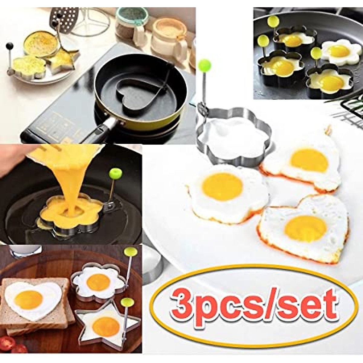 Unique Fried Egg Shaper, Omelette, Pancake, Scrambled Eggs DIY Mold Rings, Specialty Cooking Tool with Handle, Mold Non Stick Stainless Steel for Griddle Pan, Heart, Flower Shape Mickey-like 3Pcs/set