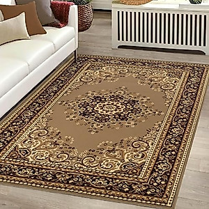 Superior Indoor Large Area Rug with Jute Backing, Floor Decor for Bedroom, Farmhouse, Kitchen, Office, Living Room, Woven Rugs, Elegant Medallion Border, Leopold Collection, 6' x 9', Brown
