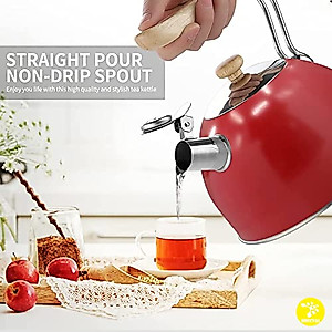 Tea Kettle Stove Top Stainless Steel Teapot Whistling Teakettle, Tea Pots for Stove Top With Wood Pattern Handle, Gas Electric Applicable, 2.5 Liter red