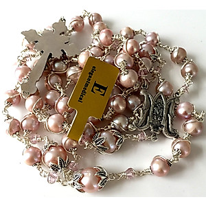 elegantmedical Handmade Wire Wraped Bali 925 Sterling Silver AAA+ 8-9mm Real Purple Pearl Beads Catholic Rosary Necklace Cross Crucifix Box