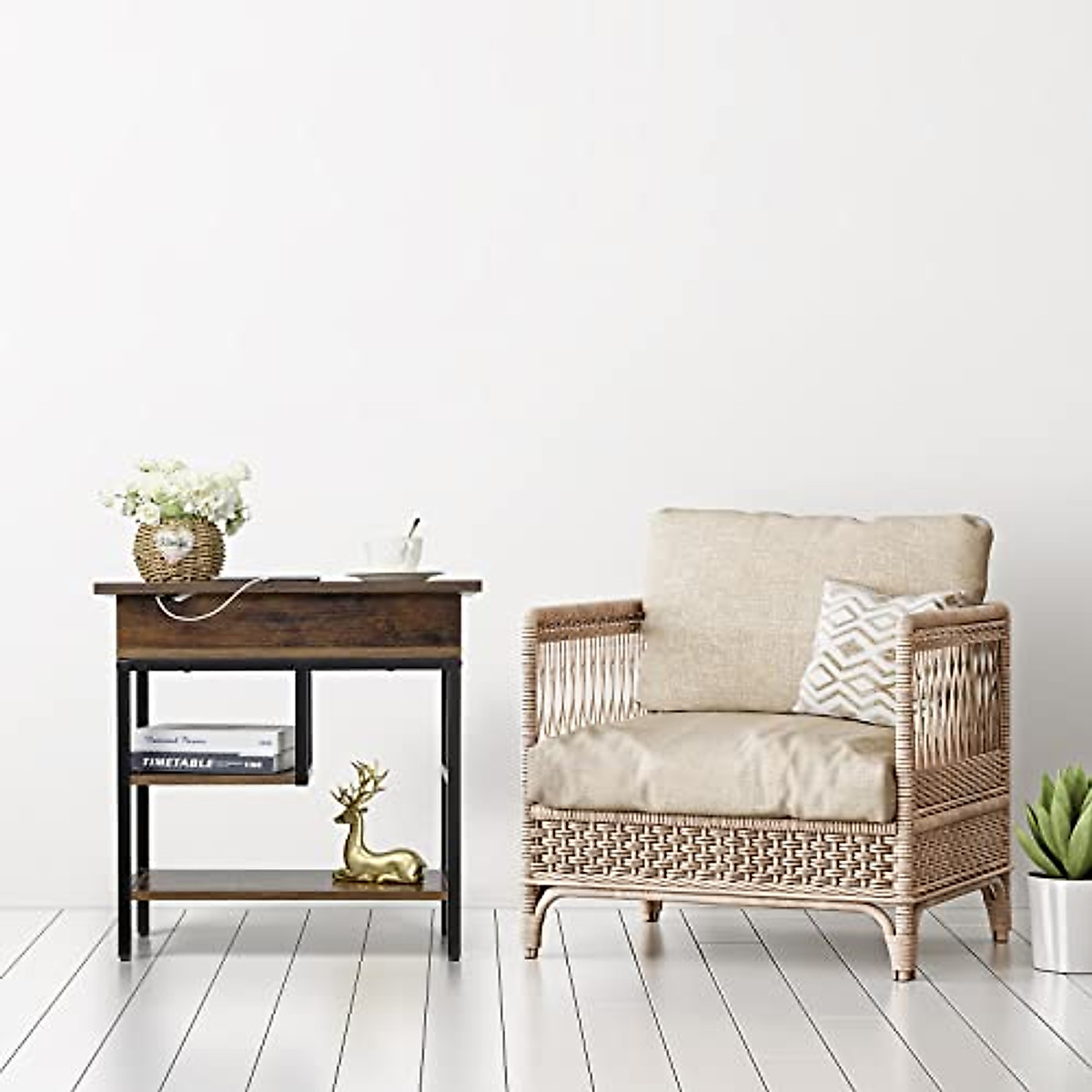 Hadulcet Side Table with USB Ports and Outlets, Narrow Sofa End Table with Storage Shelf for Small Spaces, Bedside Table Nightstand with Charging Station Rustic Brown