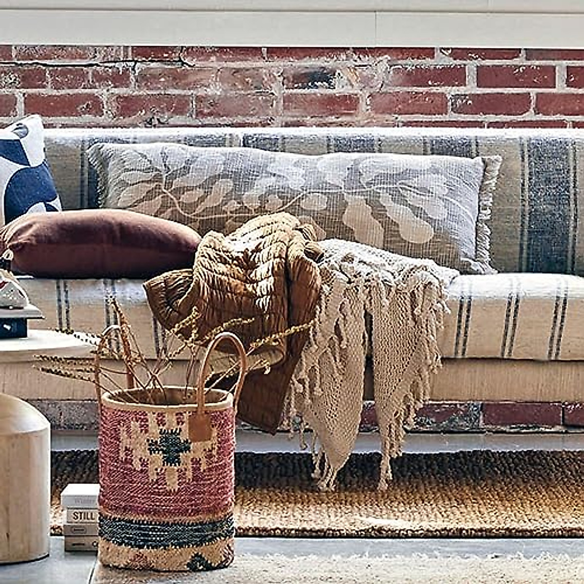 Bloomingville Cotton Botanical Print and Fringe, Grey Lumbar Pillow, Tan