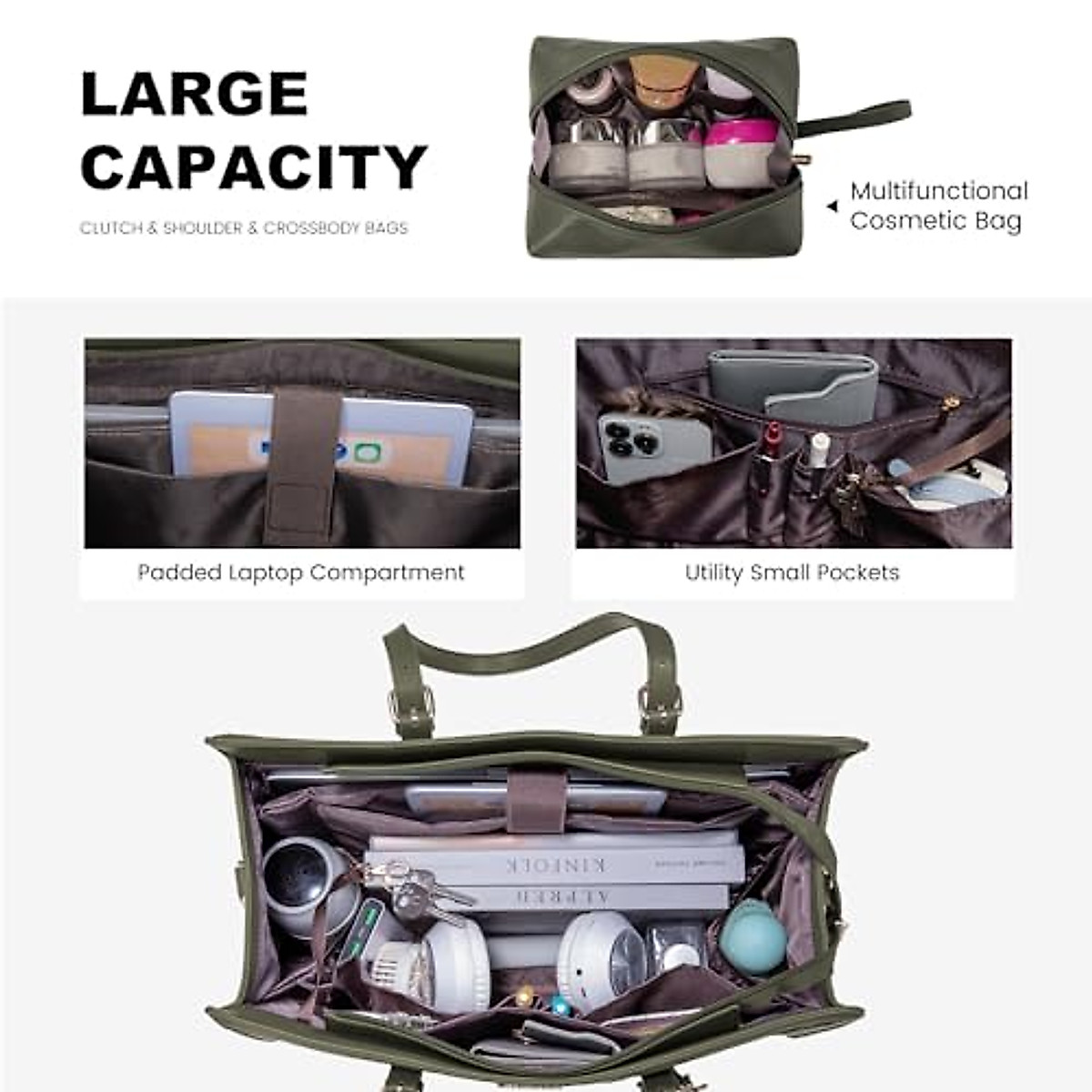 LOVEVOOK Laptop Bag for Women - 15.6 inch Lightweight PU Laptop Tote, Large Capacity Computer Bag with Clutch Purse for Business, Work, Travel, School, Casual (Olive Green, 15.6 Inch)