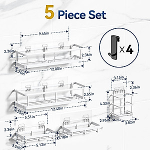 YASONIC Shower Caddy Adhesive 5 Pack, No Drill Bathroom Shower Organizers with Removable Hooks, Rust Proof Shower Shelves for Inside Shower, Wall-Mounted Shower Holder, White