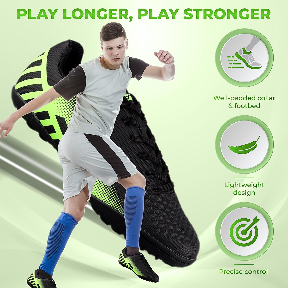 Vizari Santos Turf Soccer Shoes for Boys and Girls| Turf Shoes with Two Color Synthetic Upper | Youth Football Turf Shoes with Rubber Oursole | Superior Traction on Turf Ground, (Black/Green, 9)