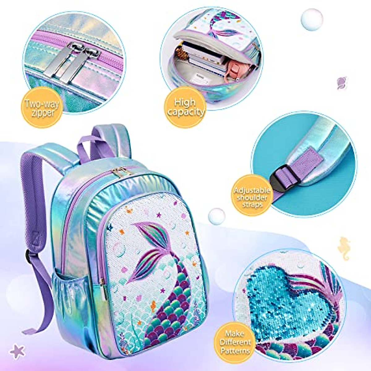 WAWSAM Glitter Mermaid Backpack Set - Sparkly School Backpack with Lunch Box for Girls Preschool Kindergarten Elementary 15” Blue Hiking Travel Book Bag Schoolbag Insulated Lunch Bag
