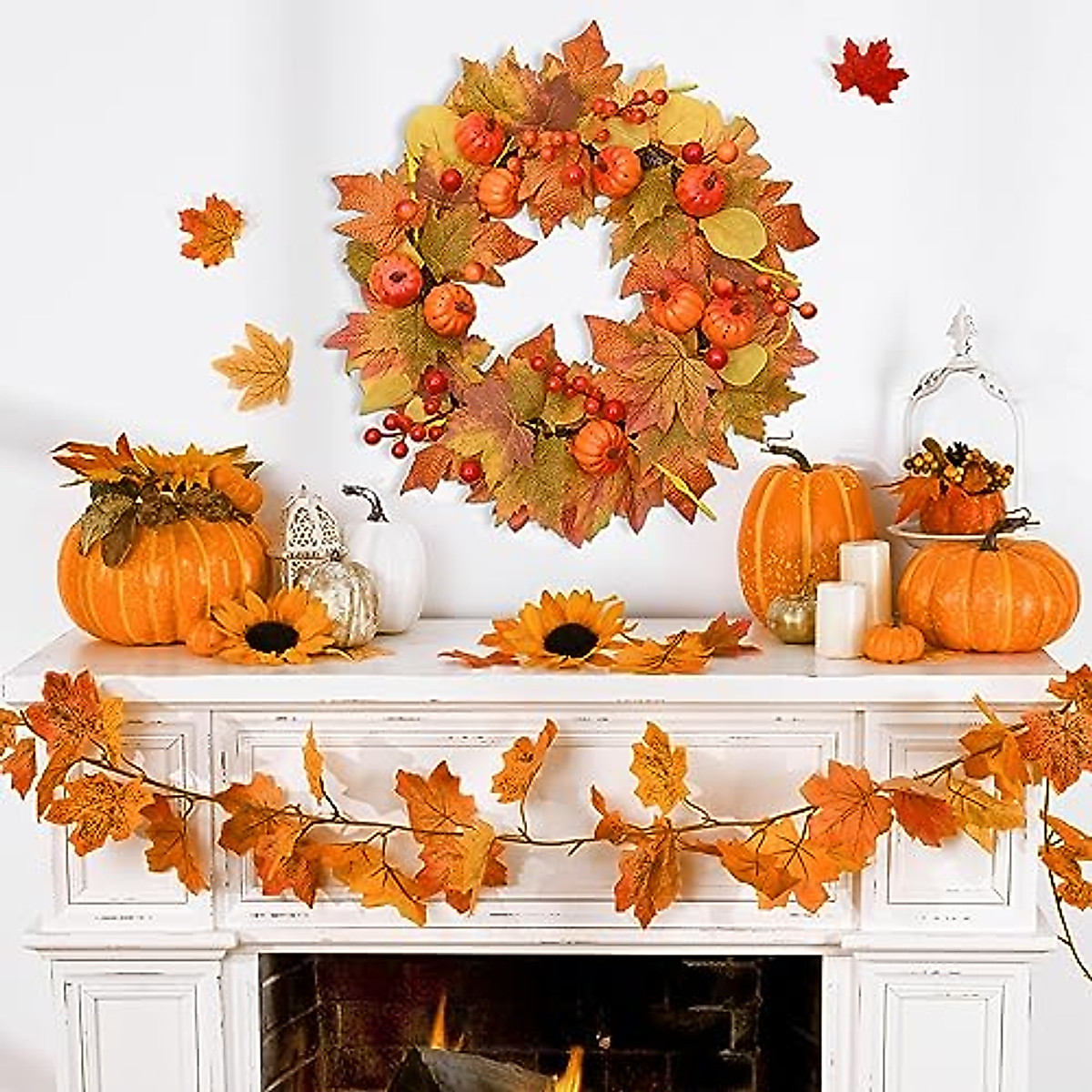 Fall Decor - Fall Wreaths for Front Door, 18" Fall Wreath with Fall Leafs Pumpkins Berry - Fall Decorations for Home Autumn Wreath Decor for Front Door