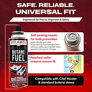Chef Master 90340 | Pack of 4 Butane Fuel Cylinders| 8oz Butane Canisters for Portable Stove | Butane Torch Replacement Canisters